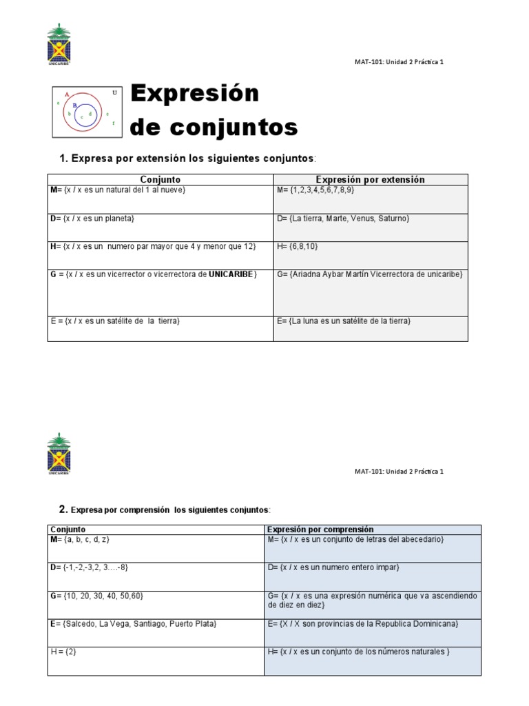 Expresión de Conjuntos - Unidad 2 - Actividad 1 | PDF | Métodos y materiales de enseñanza