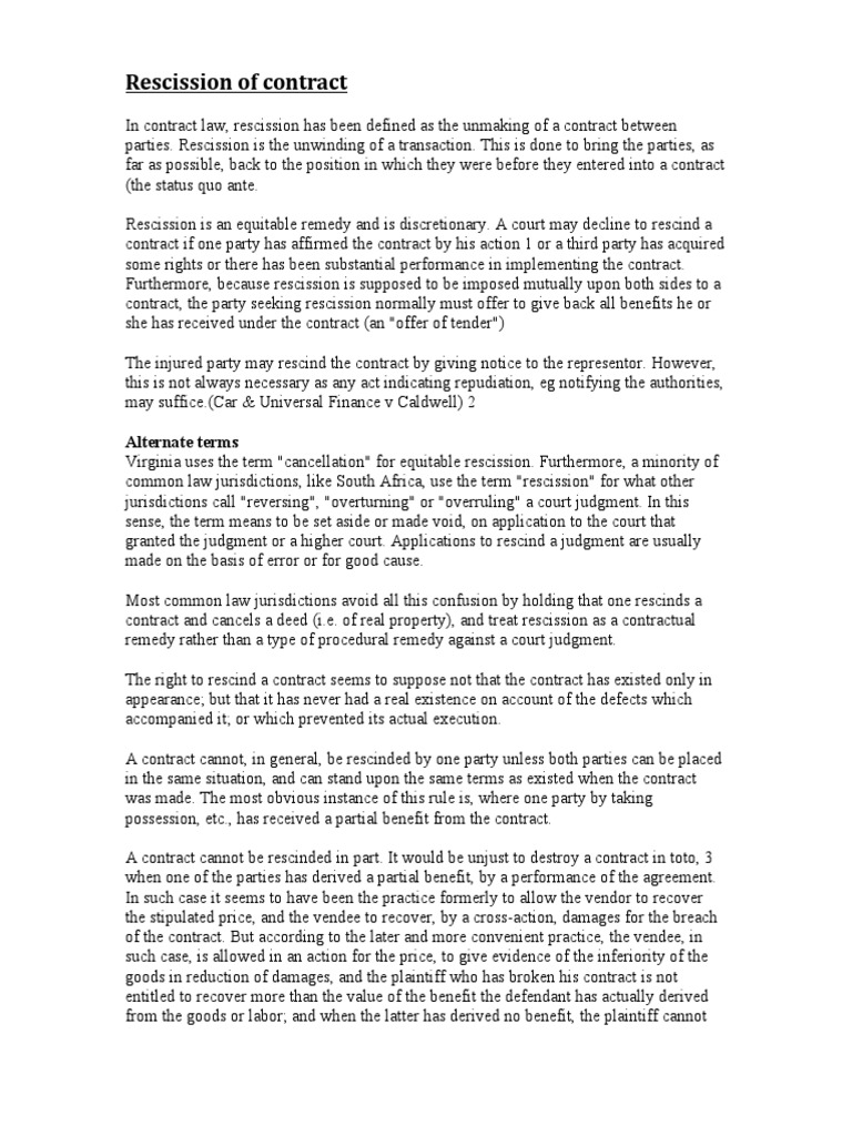 Rescission of Contract | PDF | Misrepresentation | Contract Law