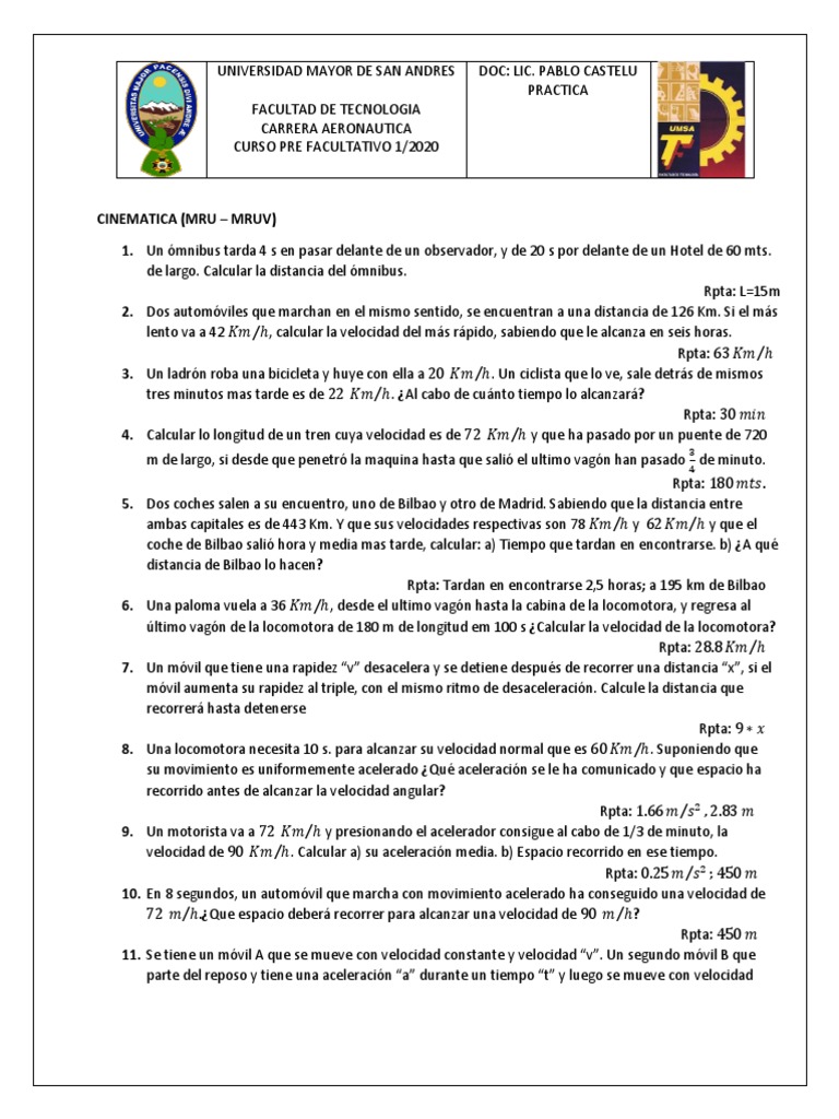 Practica de MRU Y MRUV | PDF | Velocidad | Aceleración