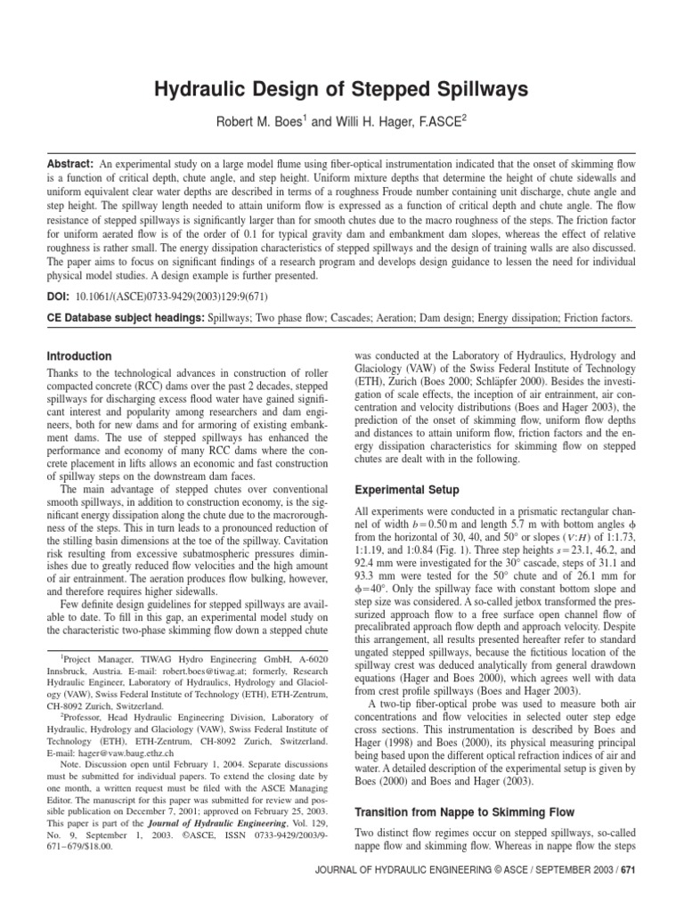 Hydraulic Design of Stepped Spillways - Boes and Hager | PDF | Spillway | Dam