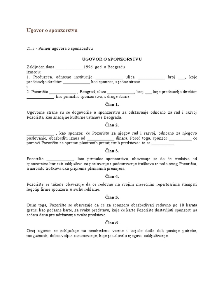 Ugovor o Sponzorstvu | PDF