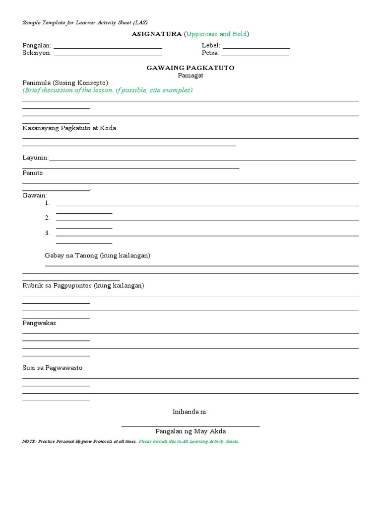 Sample Template For Learner Activity Sheet LAS TAGALOG | PDF