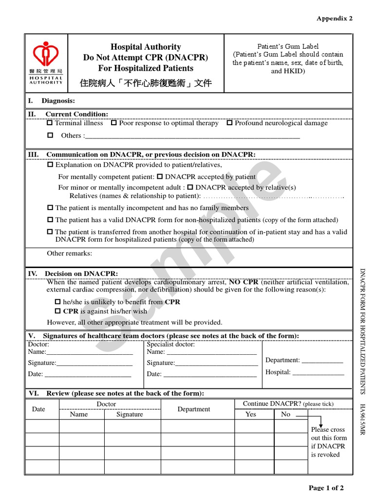Sample: Hospital Authority Do Not Attempt CPR (DNACPR) For Hospitalized ...
