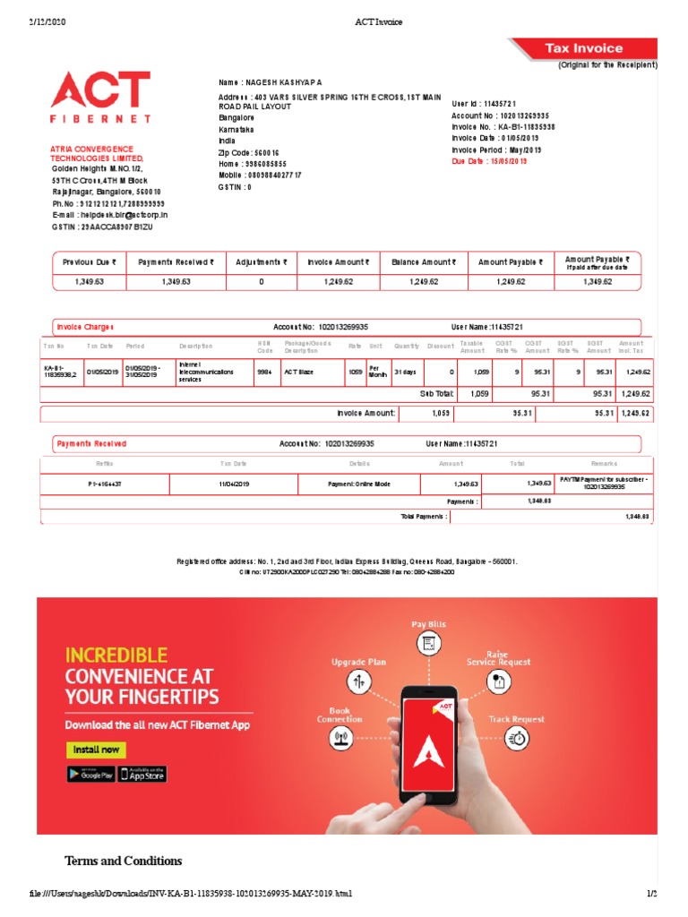 ACT Invoice May PDF | PDF | Invoice | Cheque