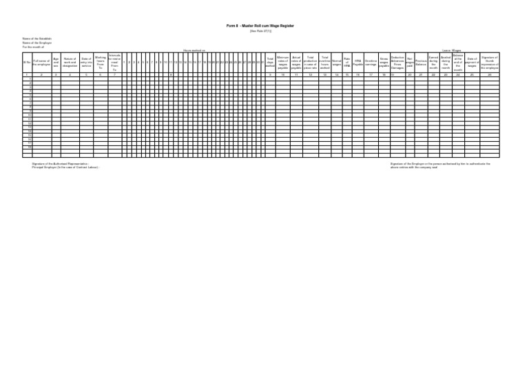 None - MSE - Muster Roll-Cum-Wageregister - Form II | PDF | Wage | Overtime
