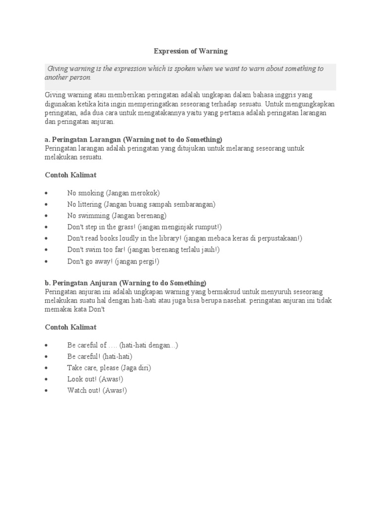 Expression of Warning | PDF | Seni & Disiplin Bahasa | Pengembangan Diri