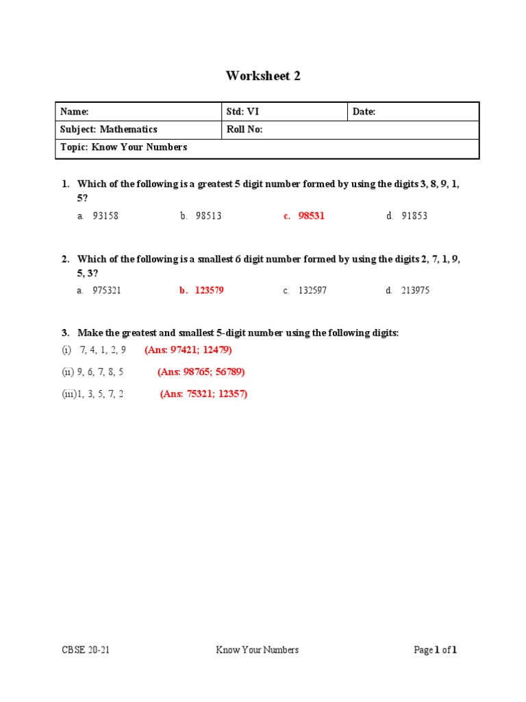 WS - 2 - AS - VI - Math - Know Your Numbers | PDF