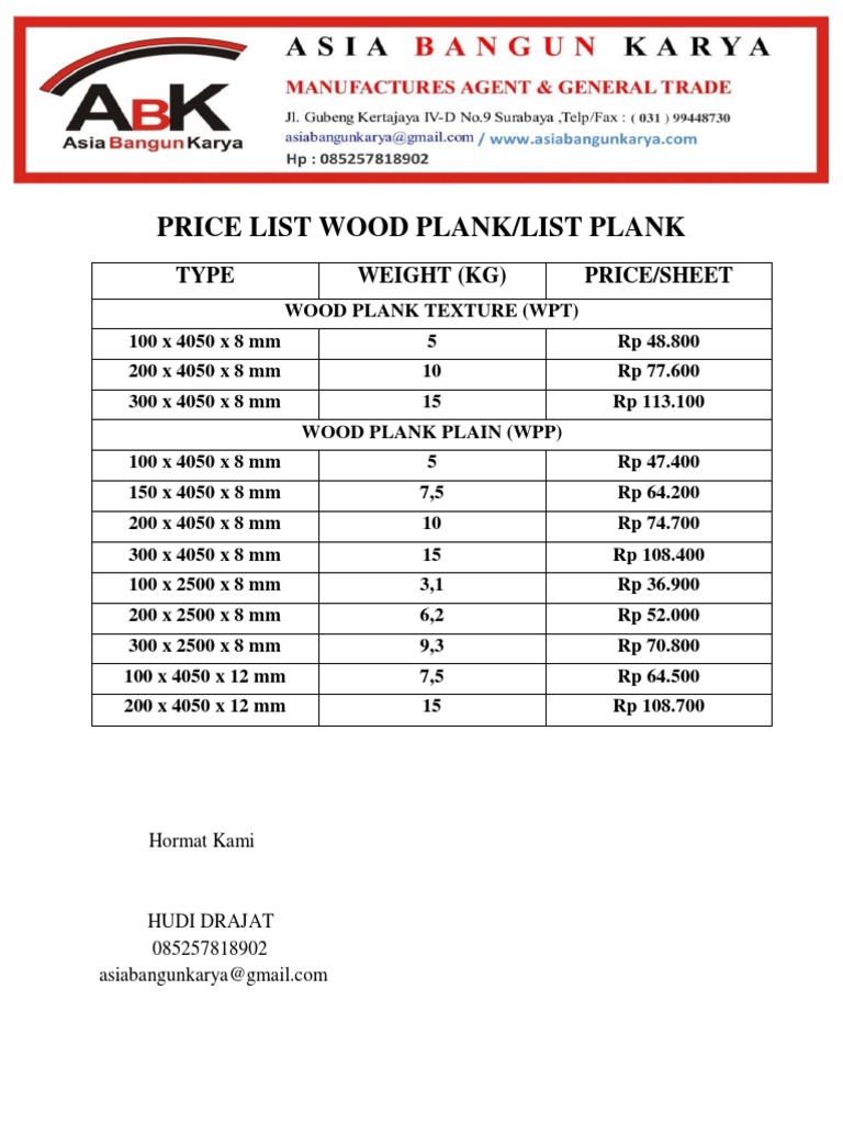 Price List Wood Plank/List Plank: Type Weight (KG) Price/Sheet | PDF