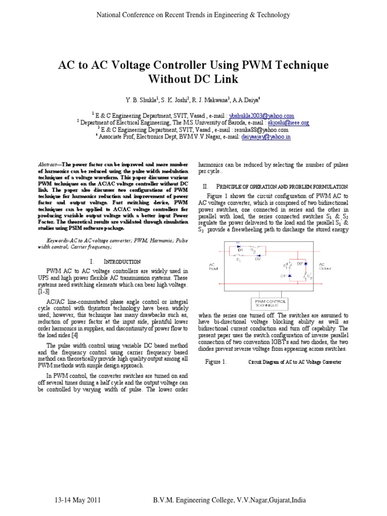AC To AC Voltage Controller Using PWM Technique Without DC Link | PDF ...