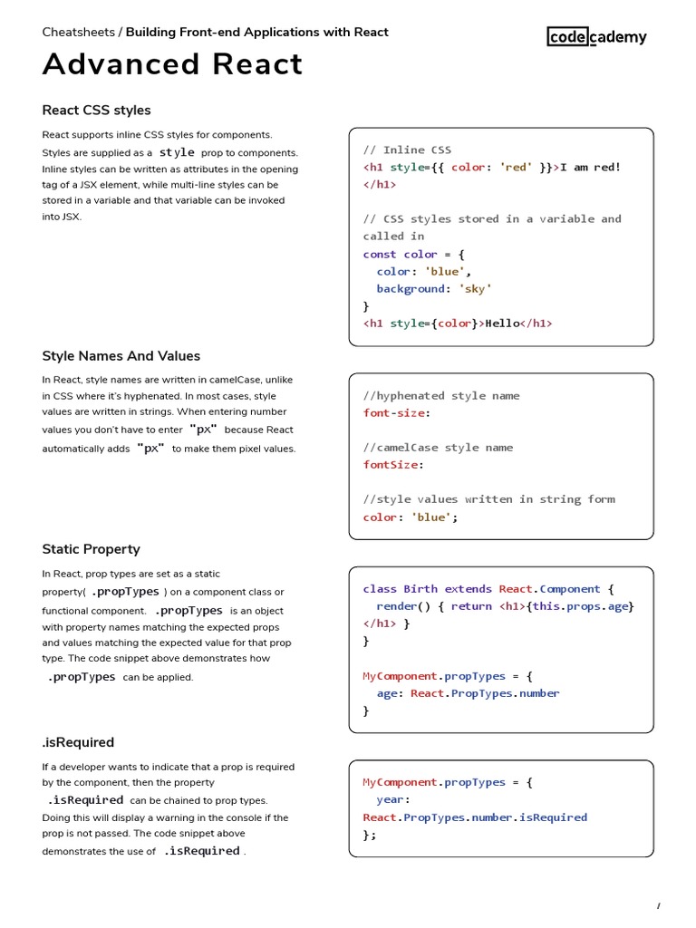 Building Front-End Applications With React - Advanced React Cheatsheet - Codecademy PDF | PDF ...