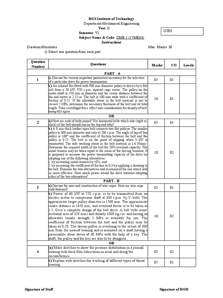 DME 2 Test Paper | Download Free PDF | Belt (Mechanical) | Mechanical ...