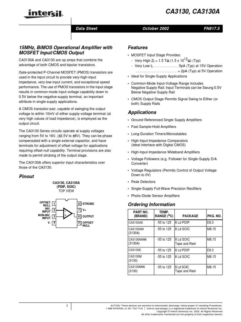 Ca3130, Ca3130A: 15Mhz, Bimos Operational Amplifier With Mosfet Input ...