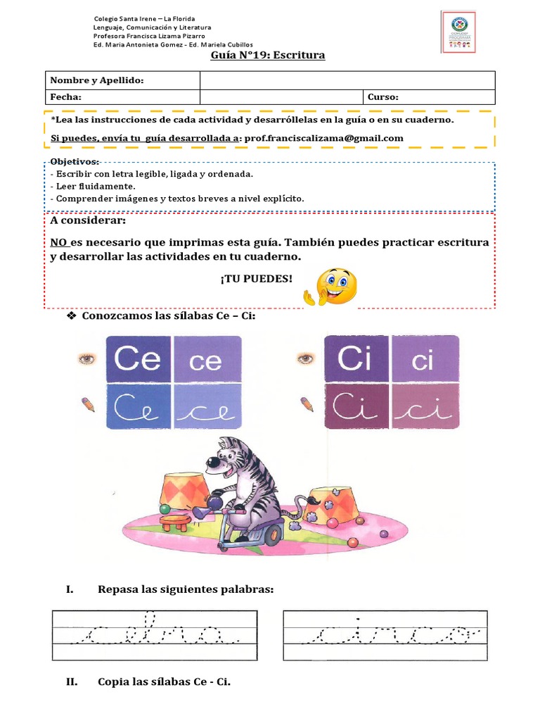 Guía N° 19: Escritura: Conozcamos las sílabas Ce – Ci