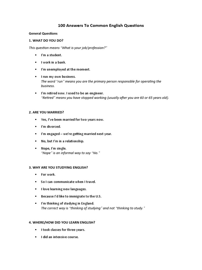 100 Answers To Common English Questions | PDF | Waiting Staff | Question