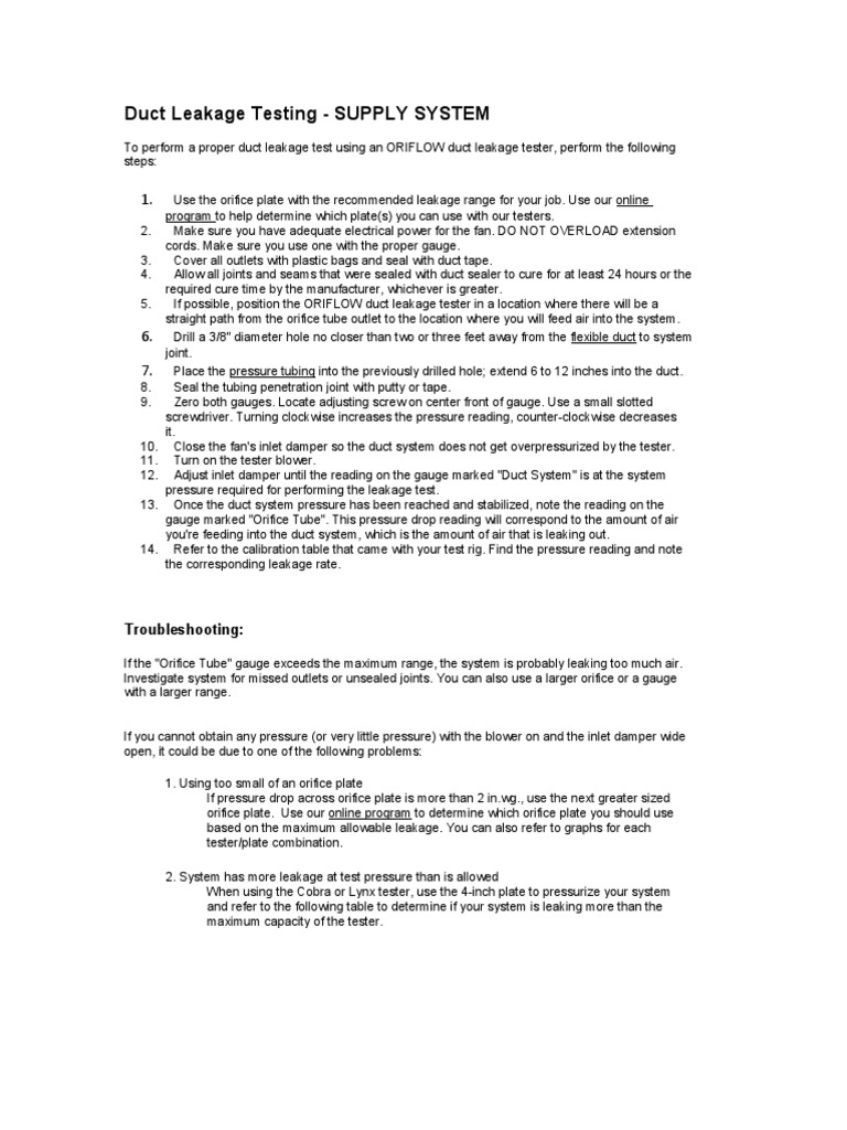 Duct Leakage Testing - SUPPLY SYSTEM: Troubleshooting | PDF | Duct ...