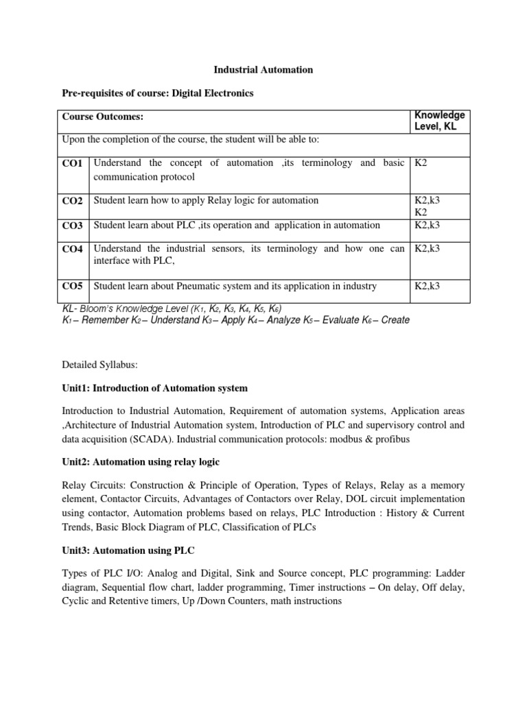 Industrial Automation - 3rd Year - Syllabus | PDF | Programmable Logic ...