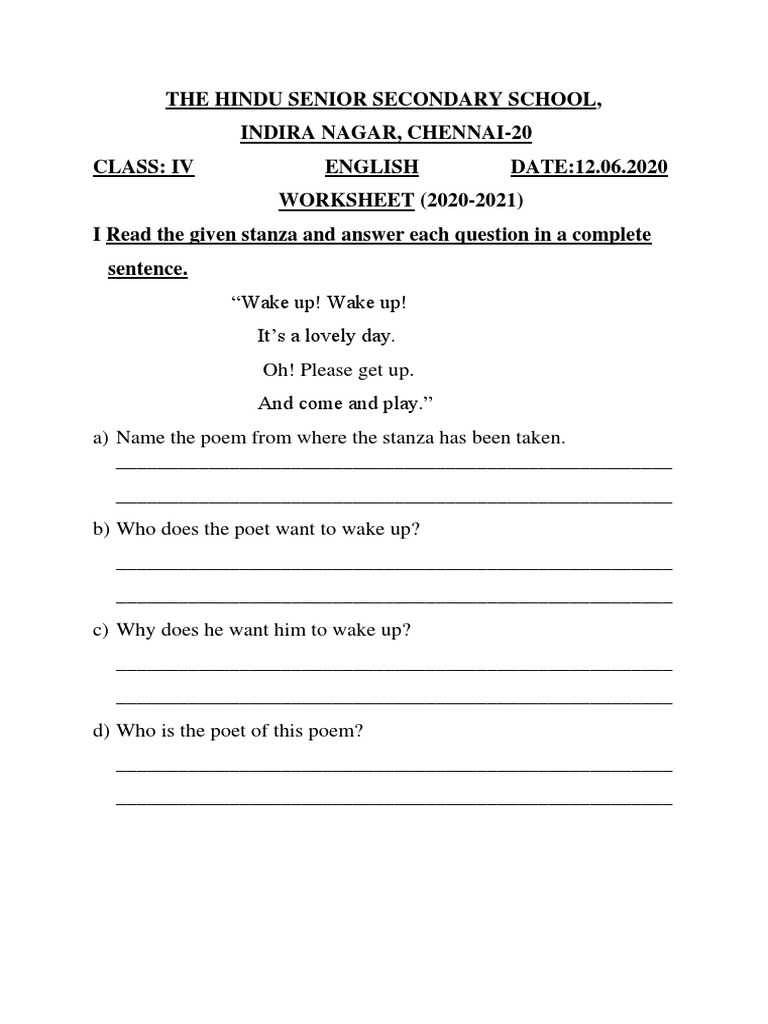 Class 4 English Worksheet: Wake Up Poem | PDF | Poetry