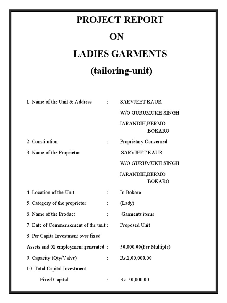 Project Report ON Ladies Garments (Tailoring-Unit) | Download Free PDF ...