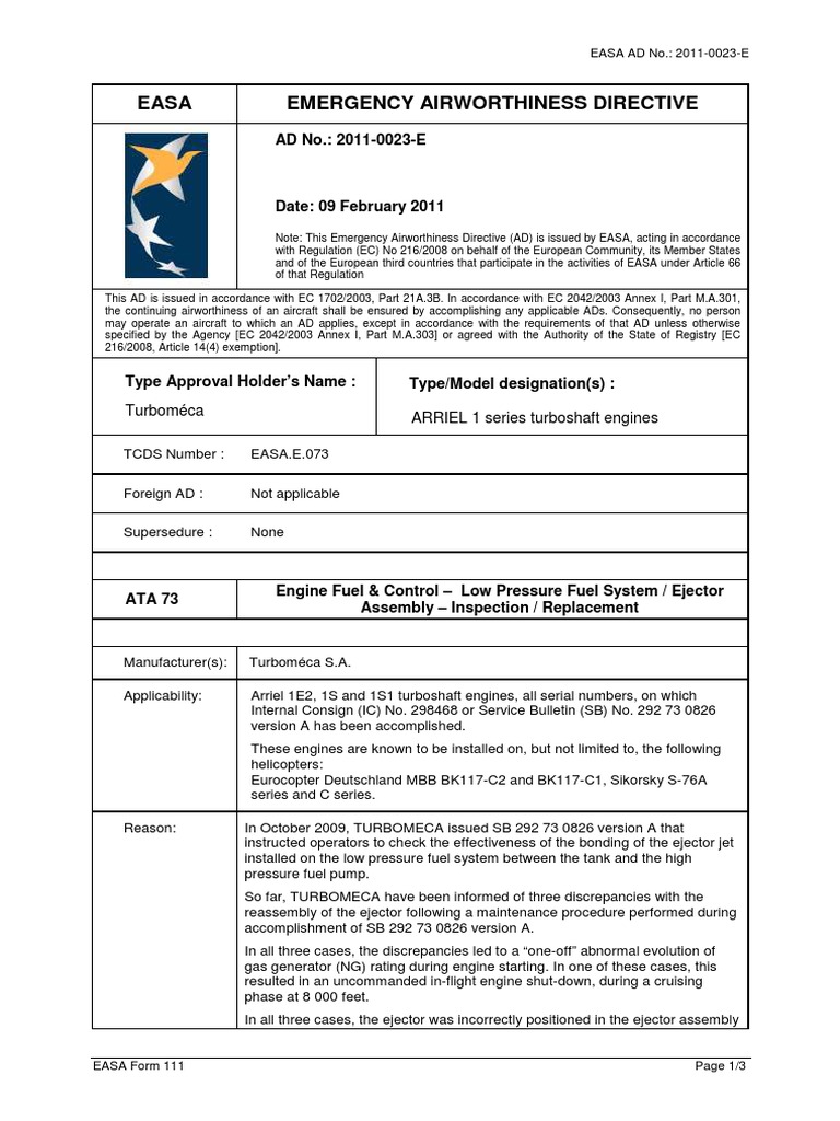Easa Emergency Airworthiness Directive: AD No.: 2011-0023-E | PDF ...