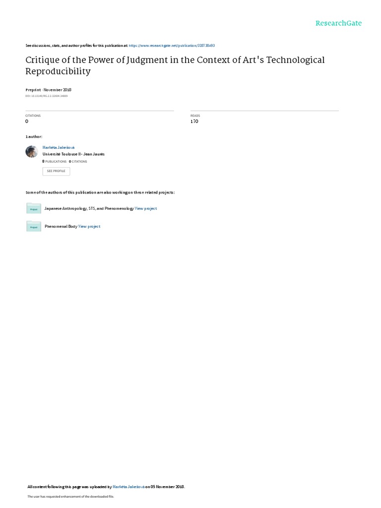 Critique of the Power of Judgment in the Context of Art's Technological ...