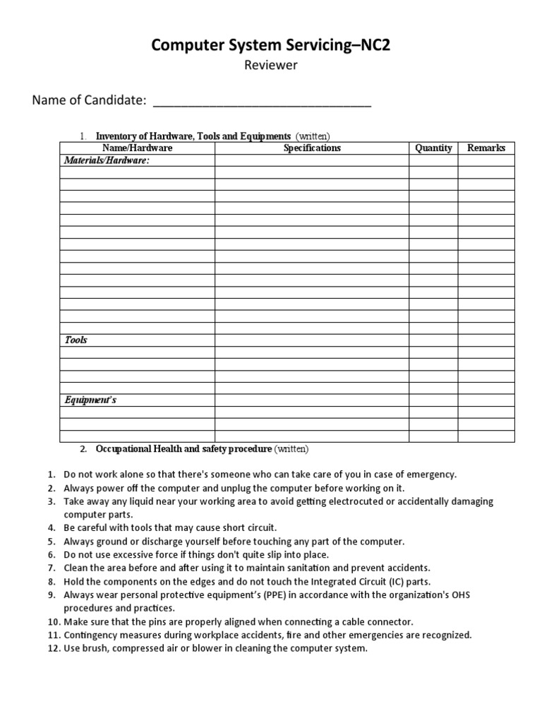Computer System Servicing-NC2: Reviewer Name of Candidate | Download ...