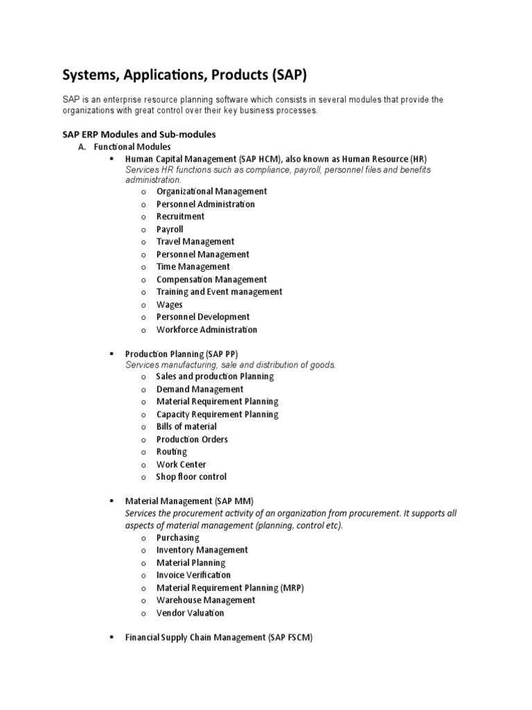 Systems, Applications, Products (SAP) : SAP ERP Modules and Sub-Modules ...
