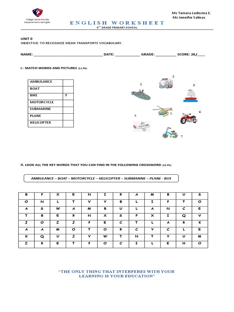 Recognizing Means of Transport: An English Worksheet for 4th Grade ...