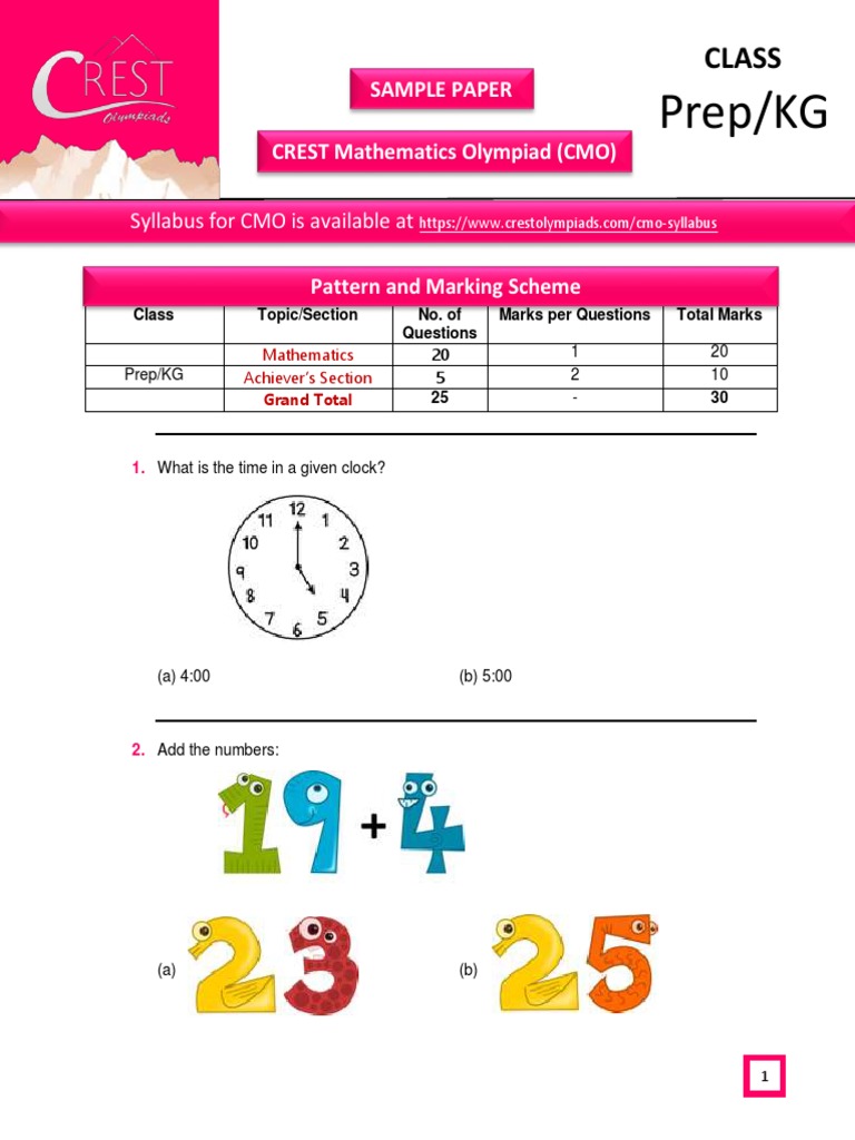 CMO Sample Papers For Class Prep KG | PDF
