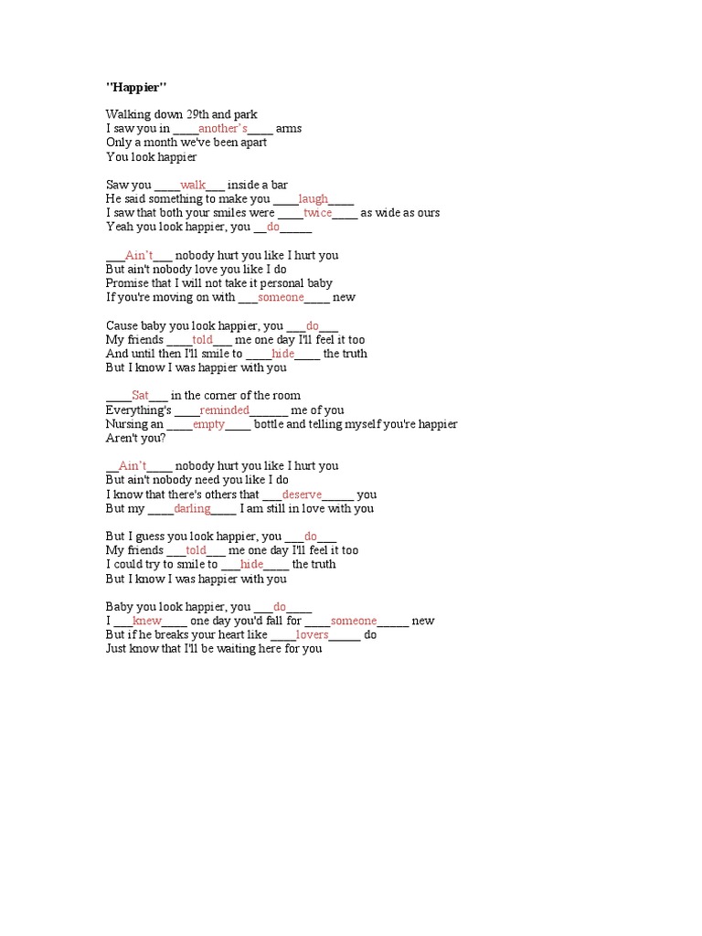 Ed Sheeran Happier - Fill in The Blanks Lyrics Megoldás | PDF