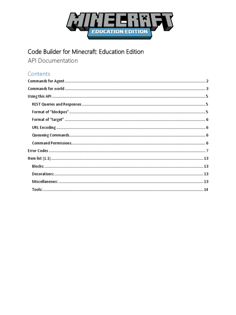 Code Builder For Minecraft: Education Edition API Documentation | PDF ...