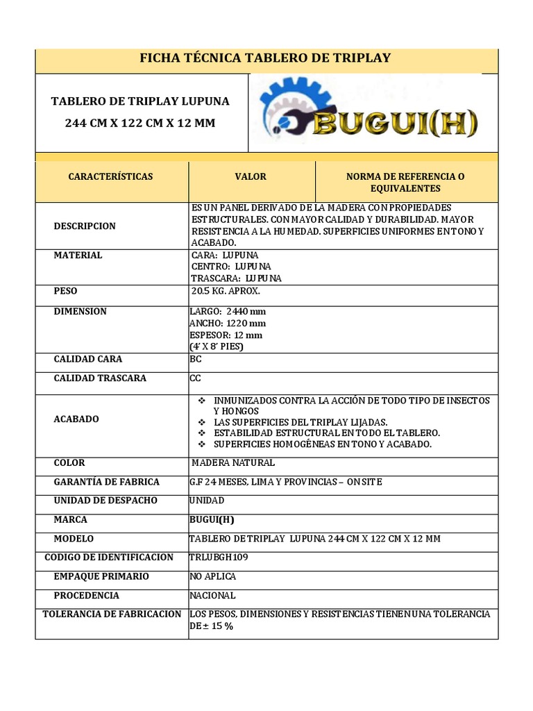Ficha Técnica de Triplay Lupuna 12mm | PDF
