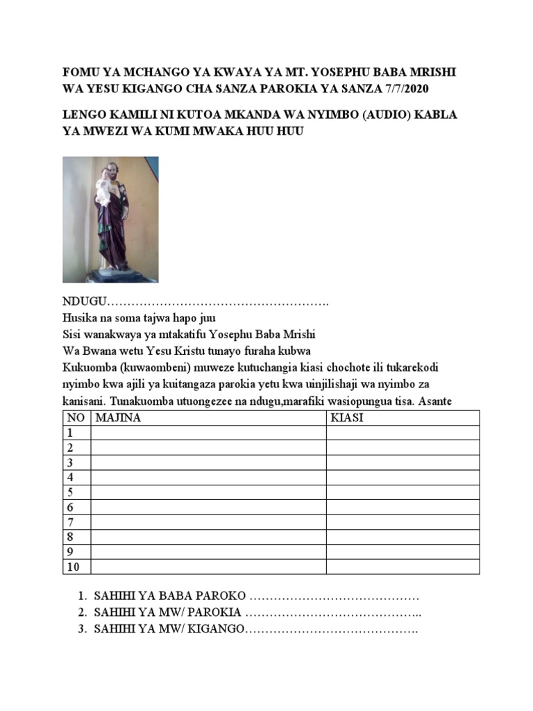 Fomu Ya Mchango Ya Kwaya Ya MT | PDF