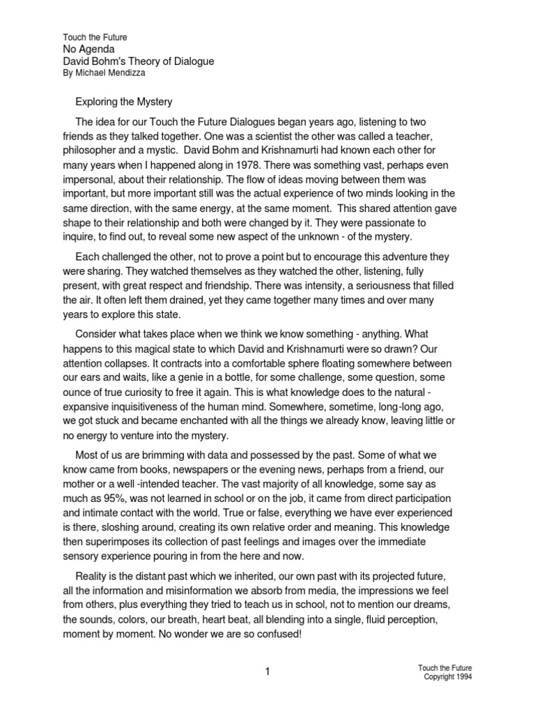 David Bohm Dialogue | PDF | Thought | Metaphysics Of Mind