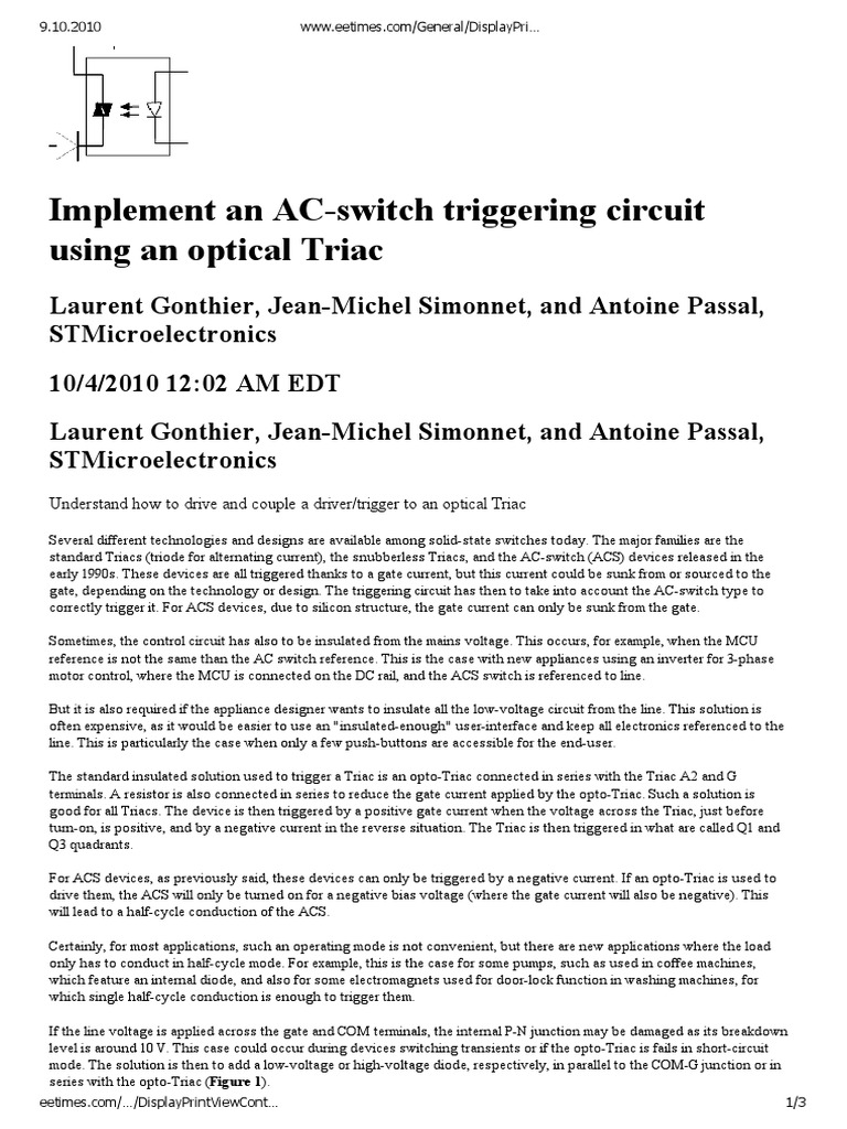 Implement an AC-switch triggering circuit using an optical Triac | PDF | Electricity ...