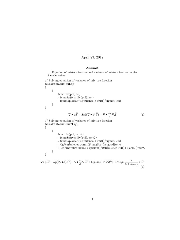 April 23, 2012: Equation of Mixture Fraction and Variance of Mixture ...