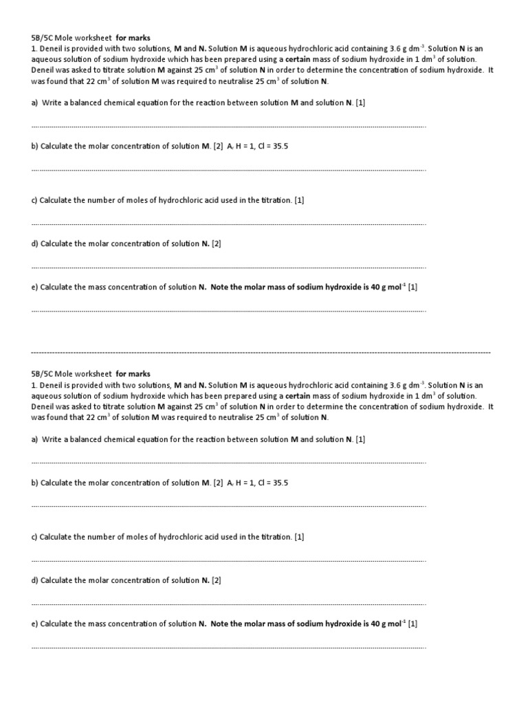Mole Titration and Conversion Worksheet | PDF | Titration | Chemistry