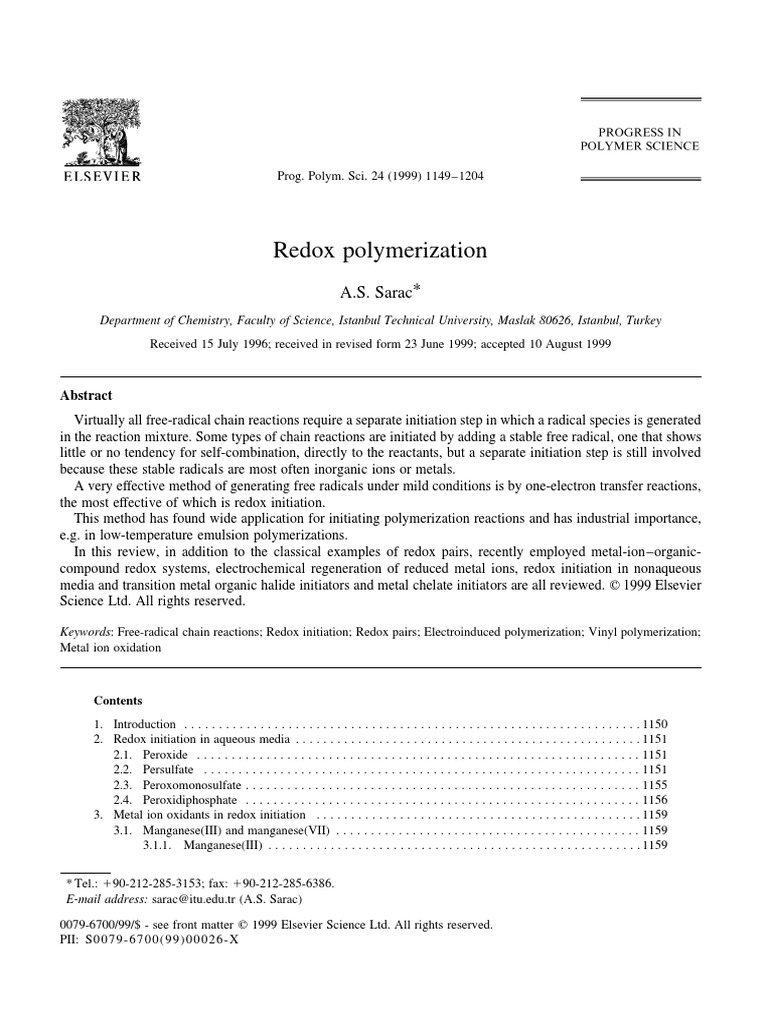 Redox Polymerization: A.S. Sarac | PDF | Polymerization | Redox