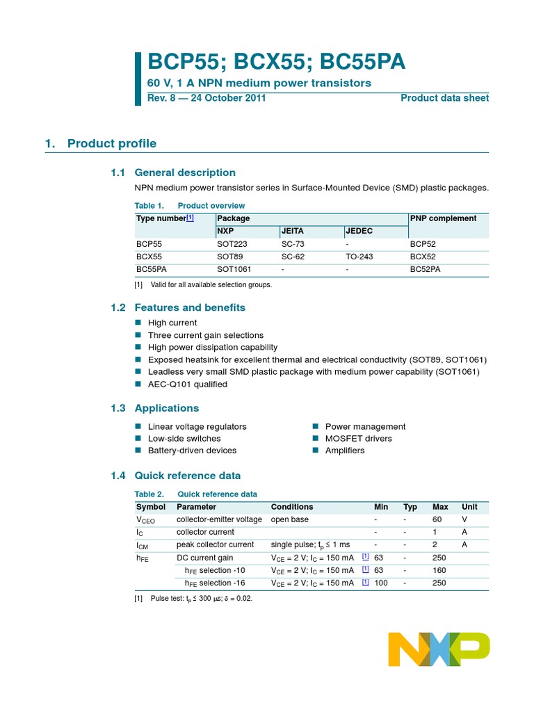 BCP55 BCX55 BC55PA: 1. Product Profile | PDF | Bipolar Junction ...