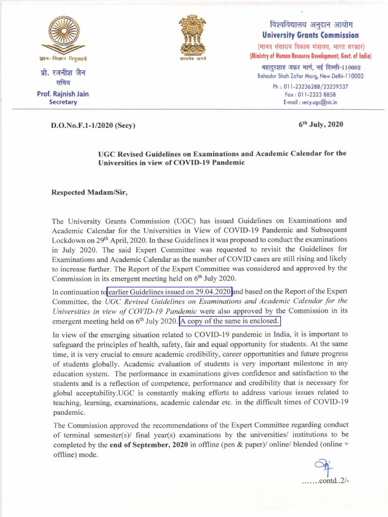 Letter Regarding Revised UGC Guidelines On Examinations and Academic ...