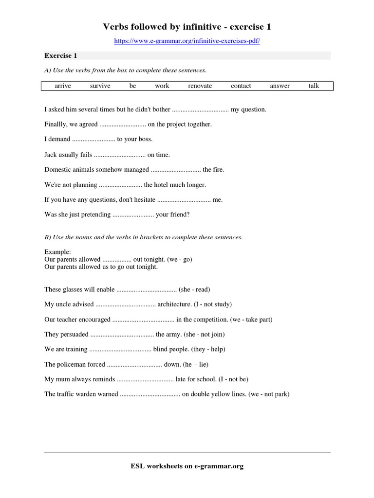 Infinitive Verbs Exercises Worksheet | PDF