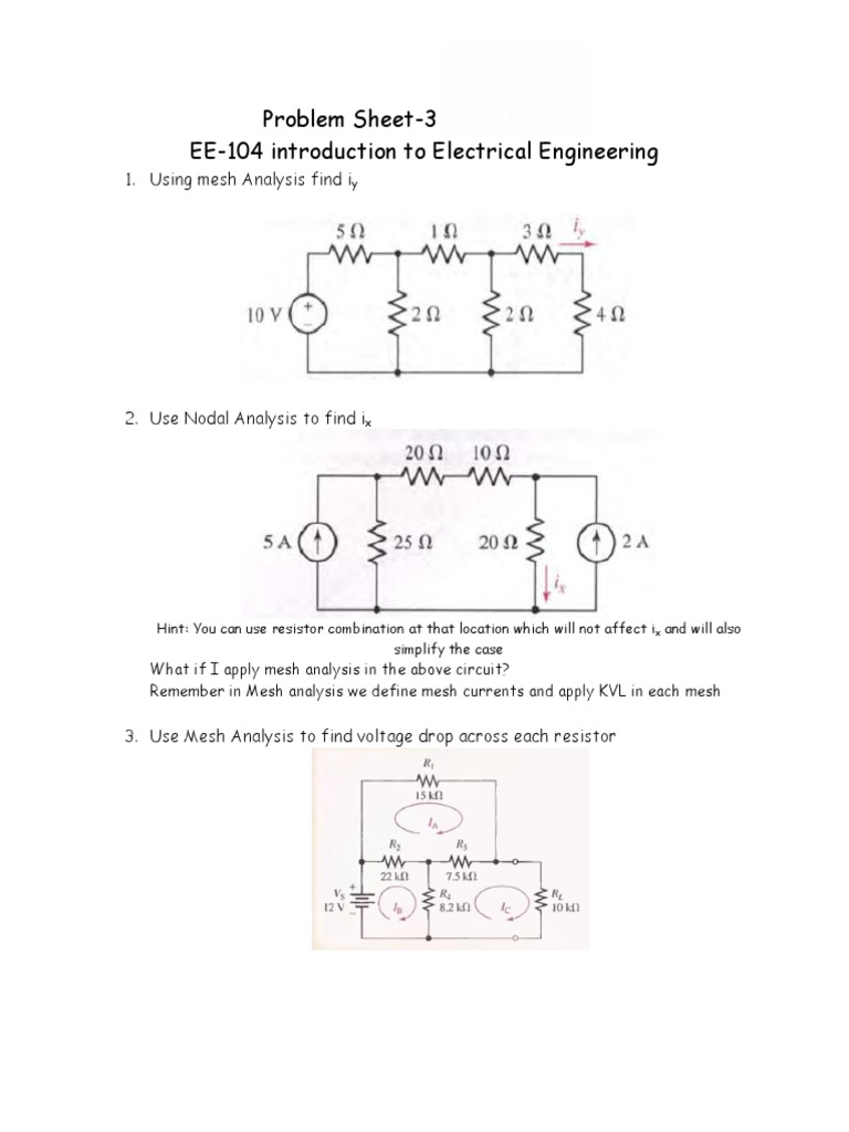 Problem Sheet-3 (UG-CE 2012) EE-104 Introduction To Electrical Engineering | PDF