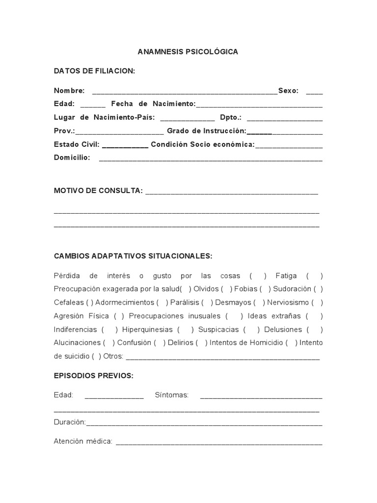 Anamnesis Psicologica | PDF | Conceptos psicologicos | Ciencias del ...