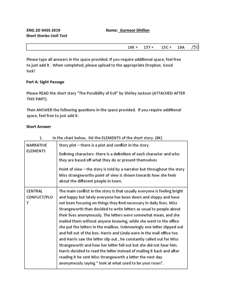 Short Stories Unit Test Overview | PDF | Narration