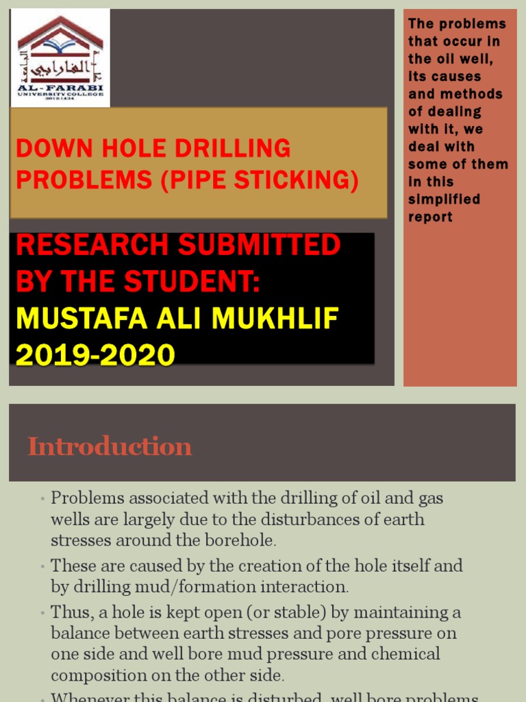 Analysis of Common Downhole Drilling Problems such as Pipe Sticking and their Causes and ...
