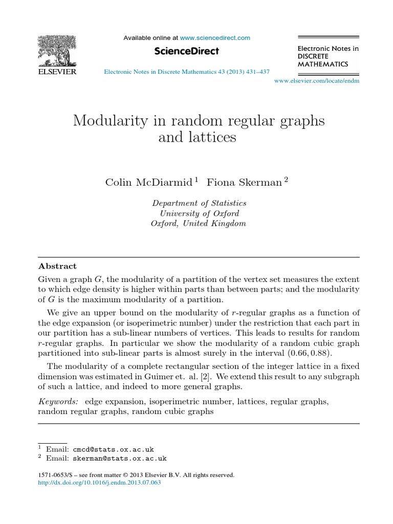 Modularity in Random Regular Graphs and Lattices: Colin Mcdiarmid Fiona ... Modularity in Random Regular Graphs and Lattices: Colin Mcdiarmid Fiona ...