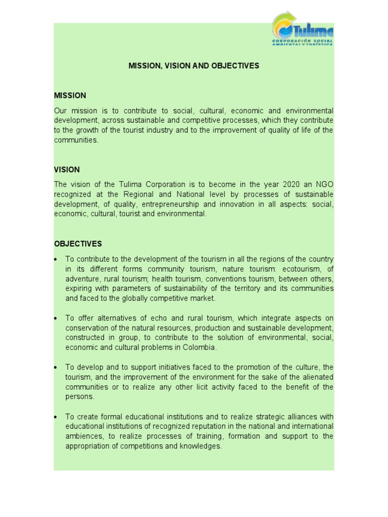 Mission, Vision and Objectives | PDF | Sustainability | Tourism