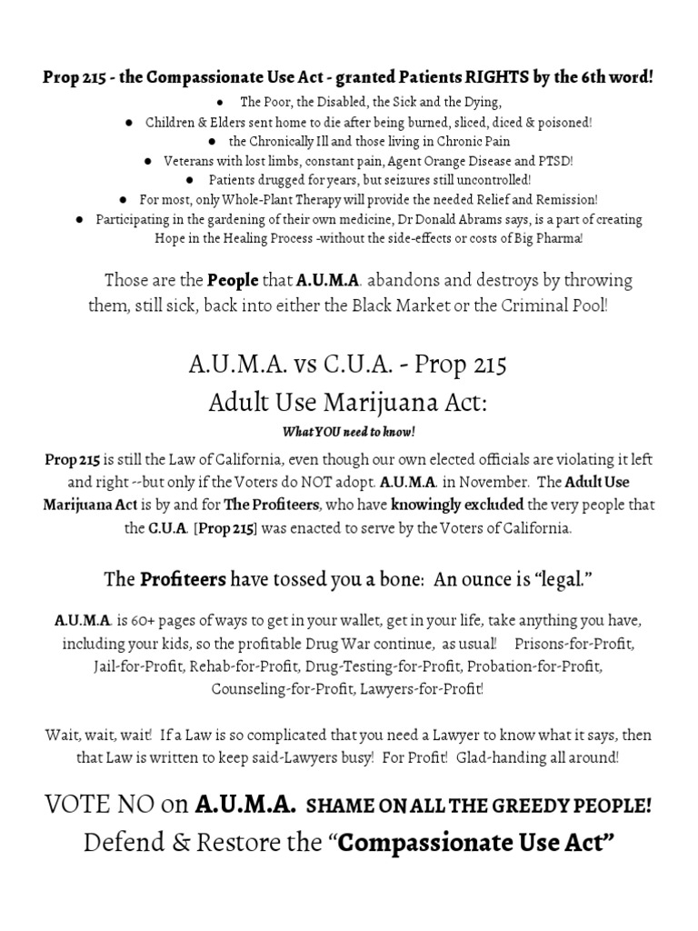 A.U.M.A. Vs C.U.A. - Prop 215 Adult Use Marijuana Act | PDF | Health ...