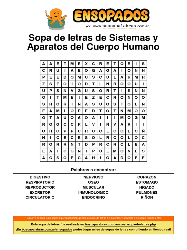 Sopa de Letras de Sistemas y Aparatos Del Cuerpo Humano | PDF | Cuerpo ...