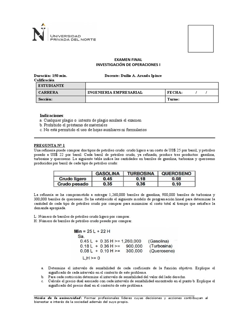 UPN-IEMP-EF-INVOPE 1 AB-20171 - Preguntas | PDF | Refinería de petróleo | Petróleo