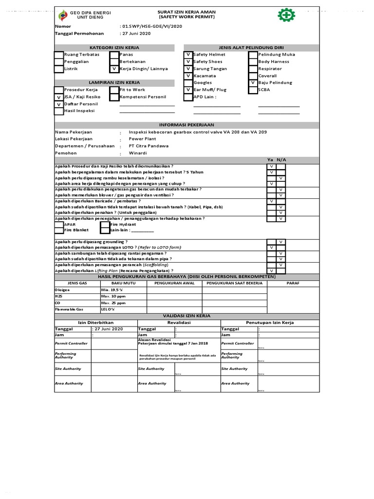 Safety Work Permit Form | PDF